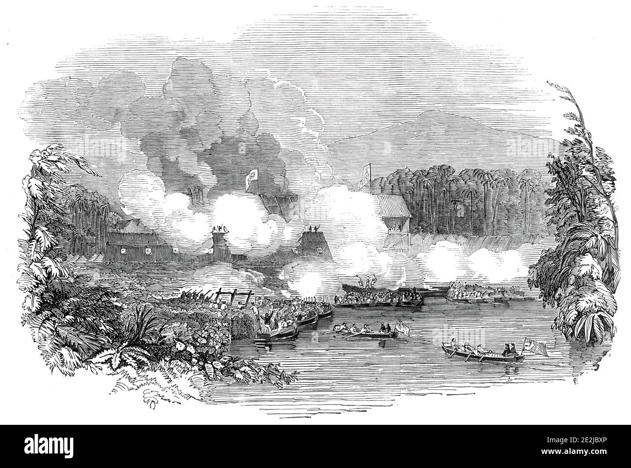 The British Admiral's attack on the Borneo pirates, 1845. View of a ...