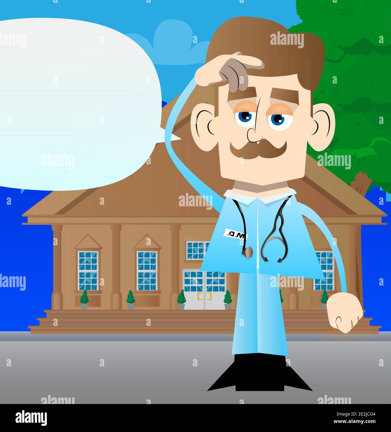 Funny cartoon doctor confused. Vector illustration. Health care worker ...