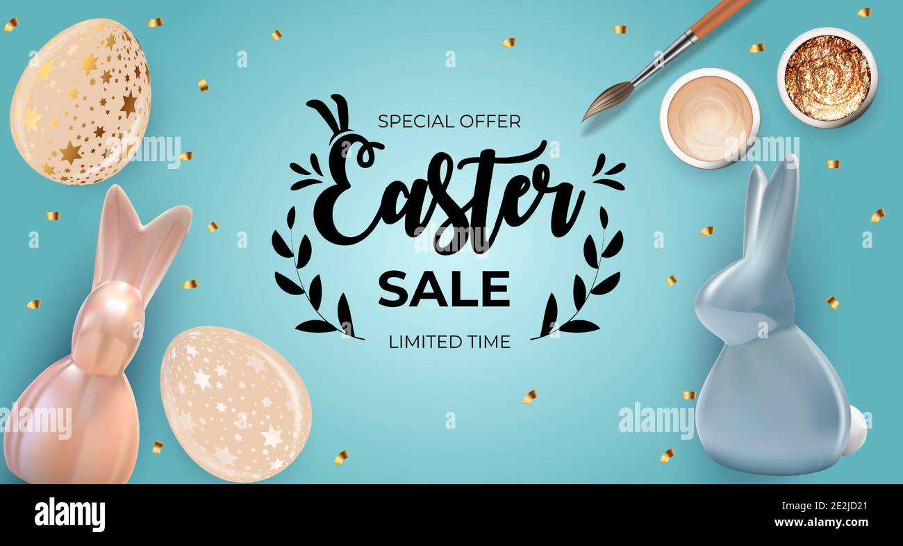 Easter sale poster template with 3d realistic Easter eggs and paint ...