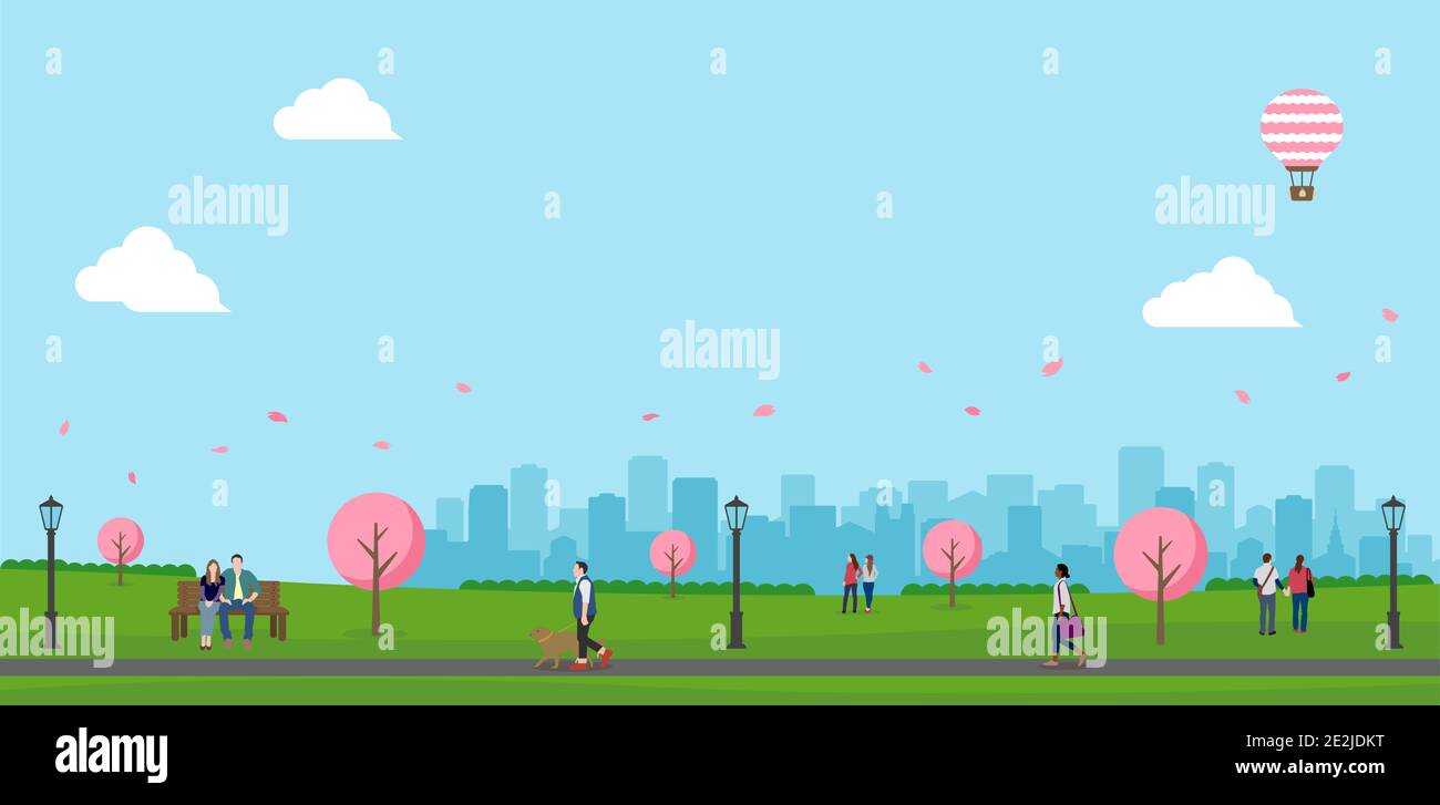 Public park landscape vector illustration. Spring season. Cherry ...