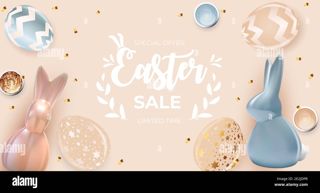 Easter sale poster template with 3d realistic Easter eggs and paint ...