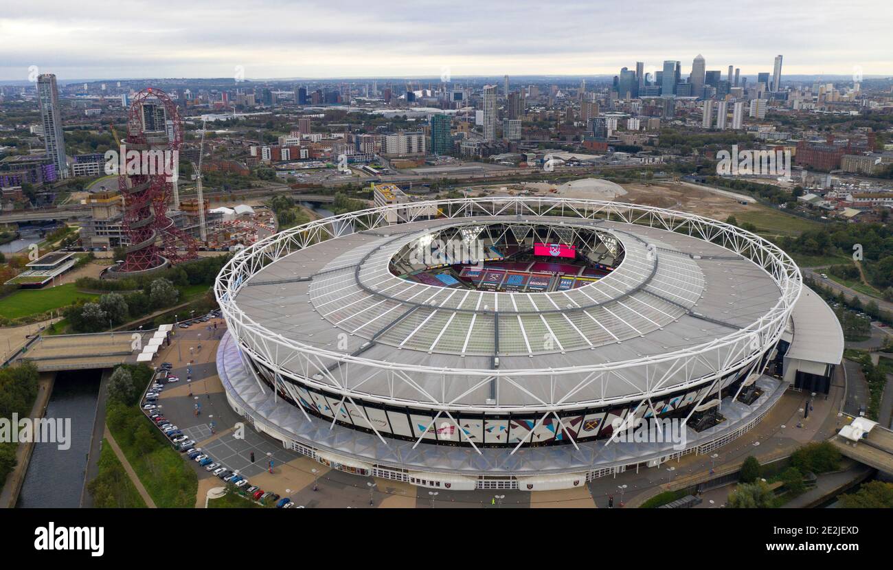 A aerial view of London Stadium, home stadium of West Ham United ...