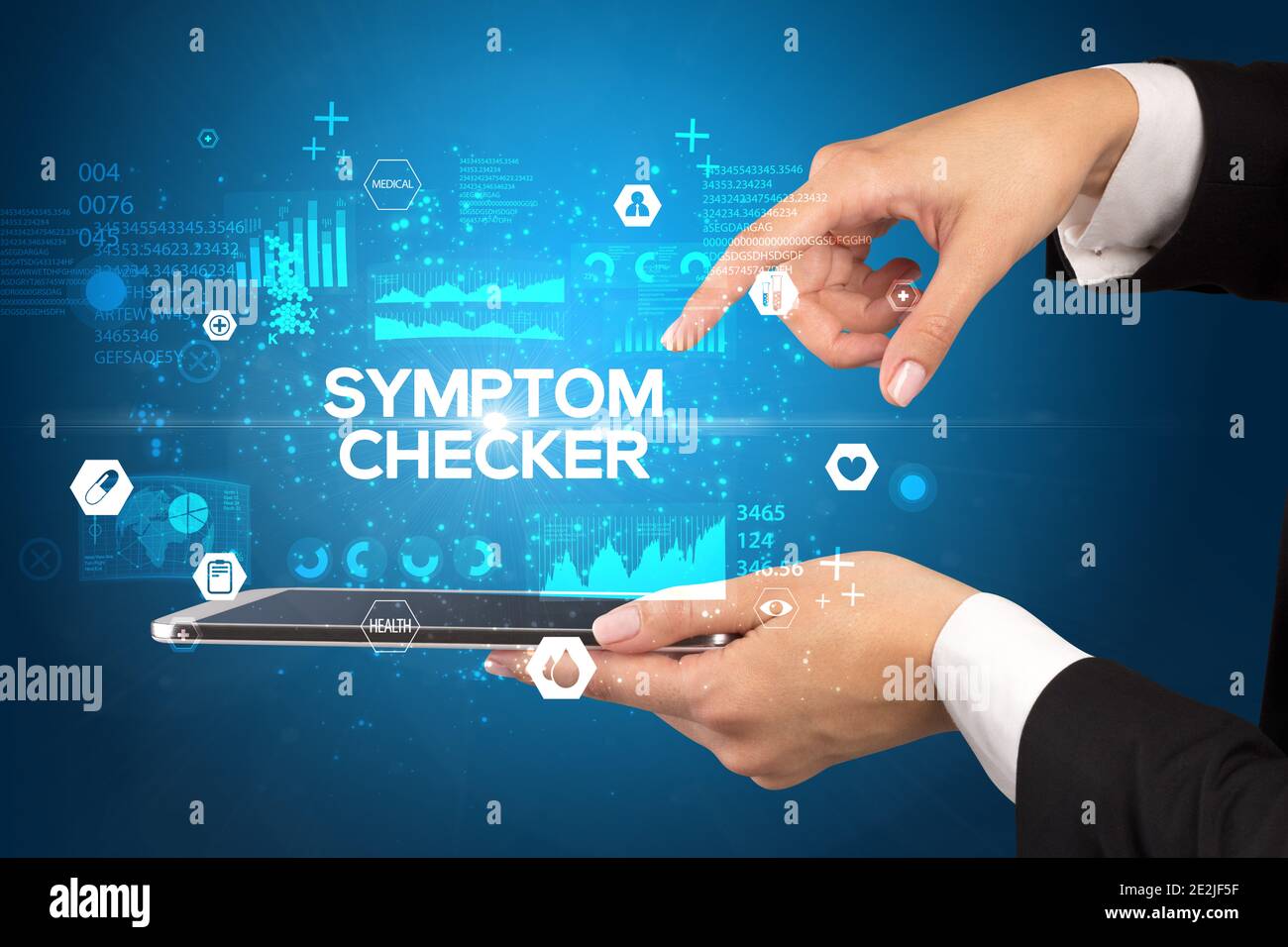 Close-up of a touchscreen with SYMPTOM CHECKER inscription, medical ...