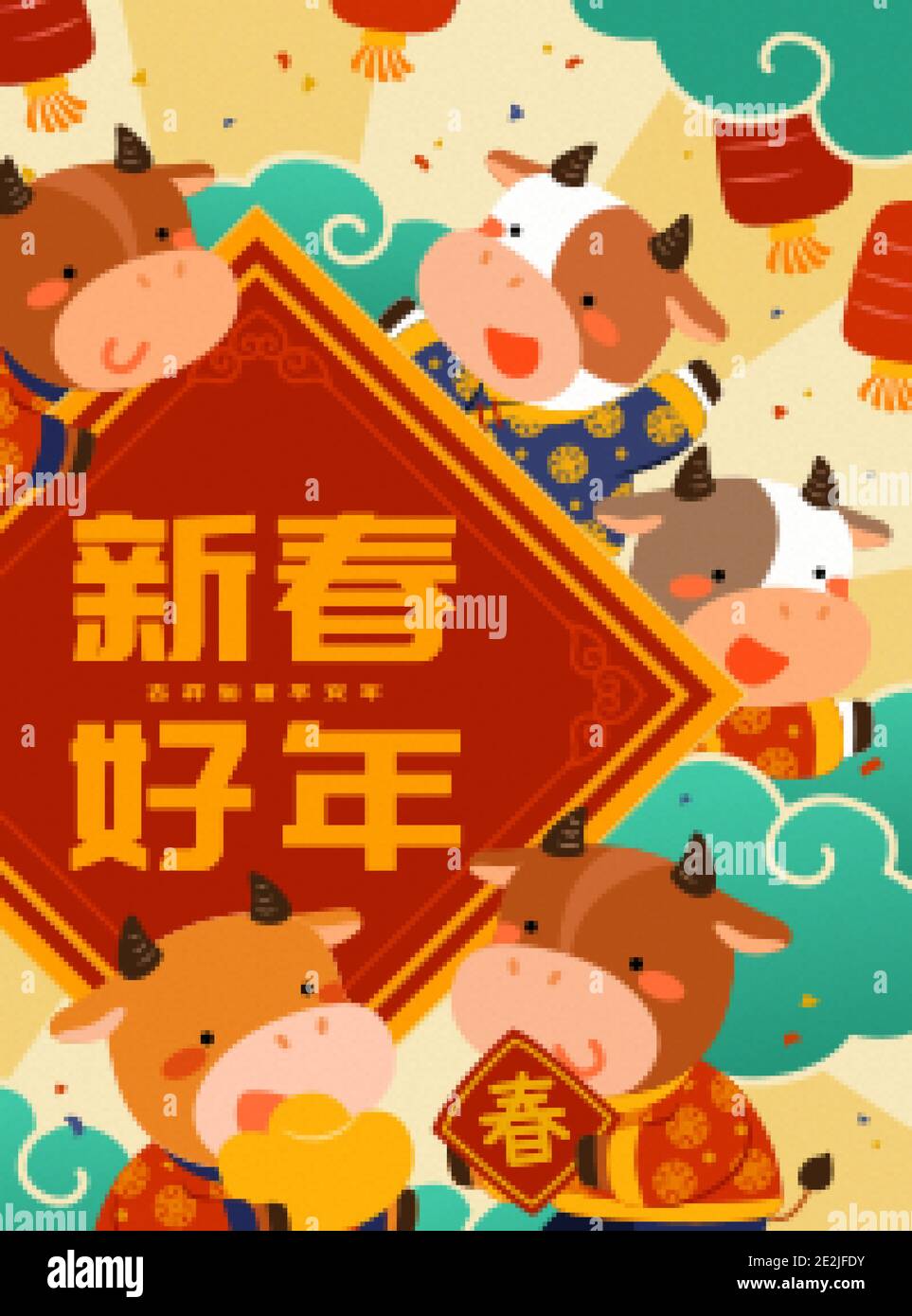 Cow family in traditional costume celebrating lunar year together ...