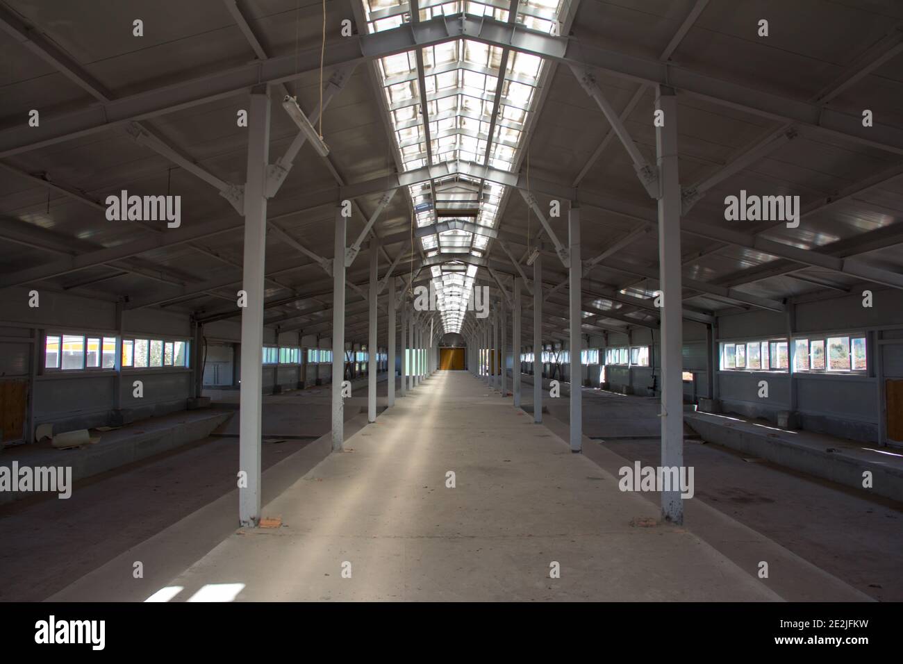 Inside the production building under construction. Metal frame of the ...