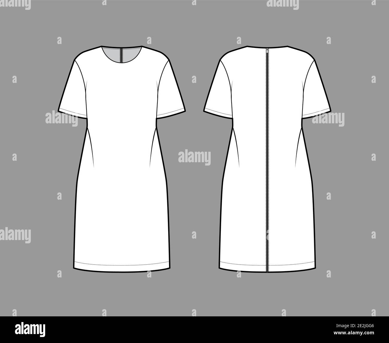 Back zip-up oversized dress technical fashion illustration with round ...