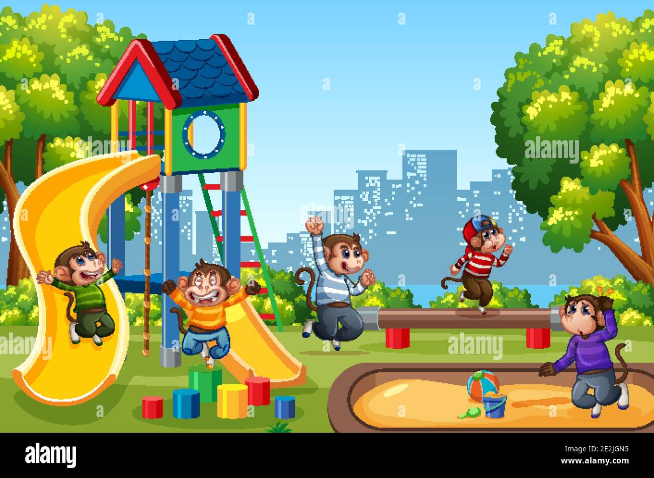 Five little monkeys jumping in the park playground scene illustration ...