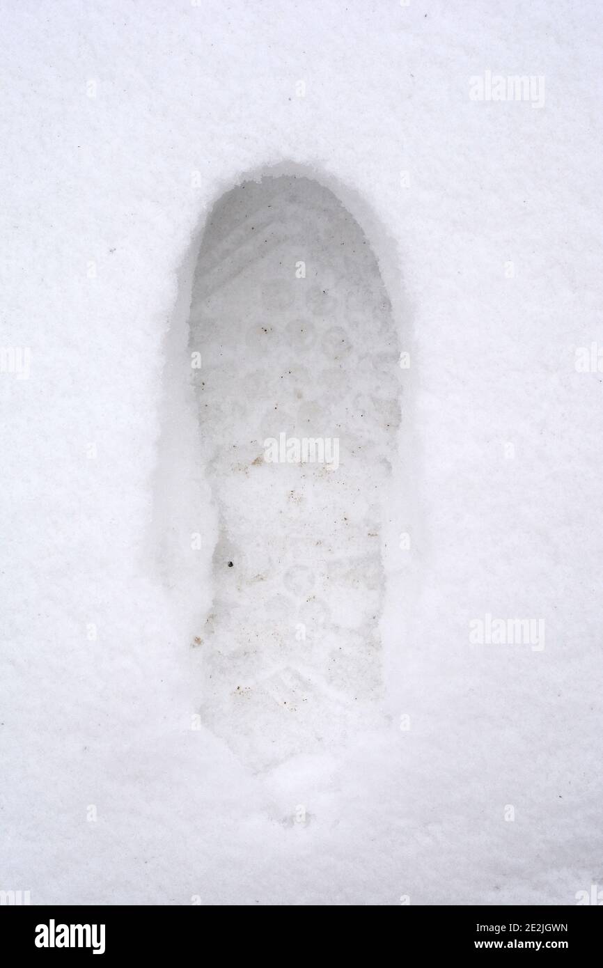 Overhead view of human footprints on white winter snow background Stock ...