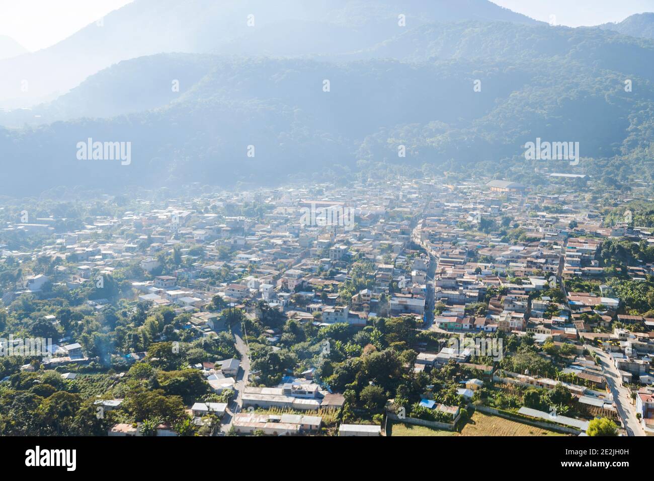 Aerial view of San Juan la Laguna in Lake Atitlan Guatemala in the ...