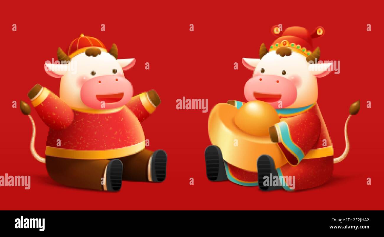 Sitting cartoon cow in Chinese style costume, one waving its hands and ...