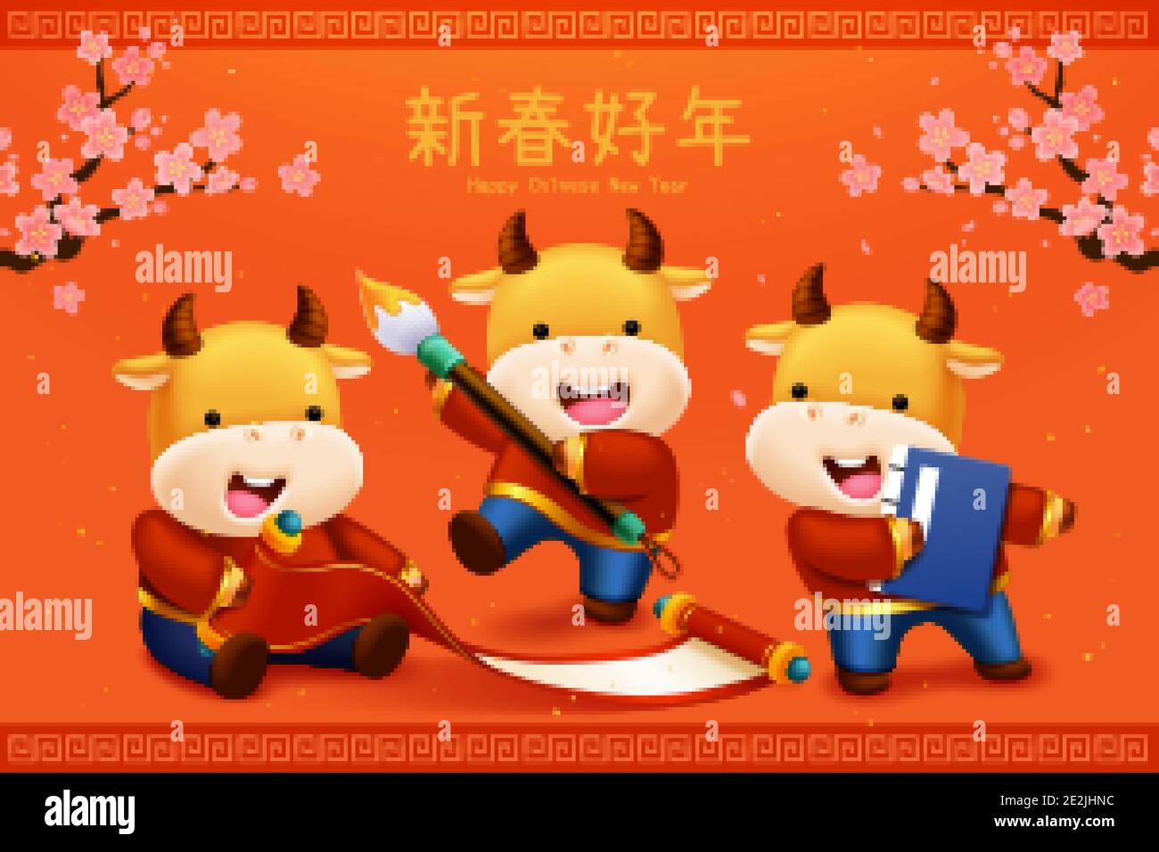 Lovely cows in traditional costume are ready for writing Chinese ...
