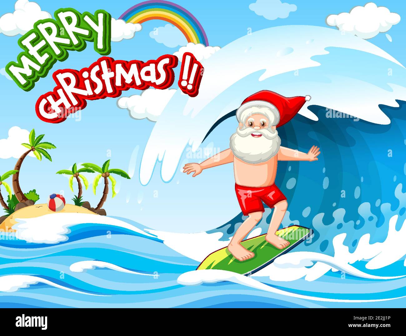 Santa Claus surfing at the beach for summer christmas illustration ...