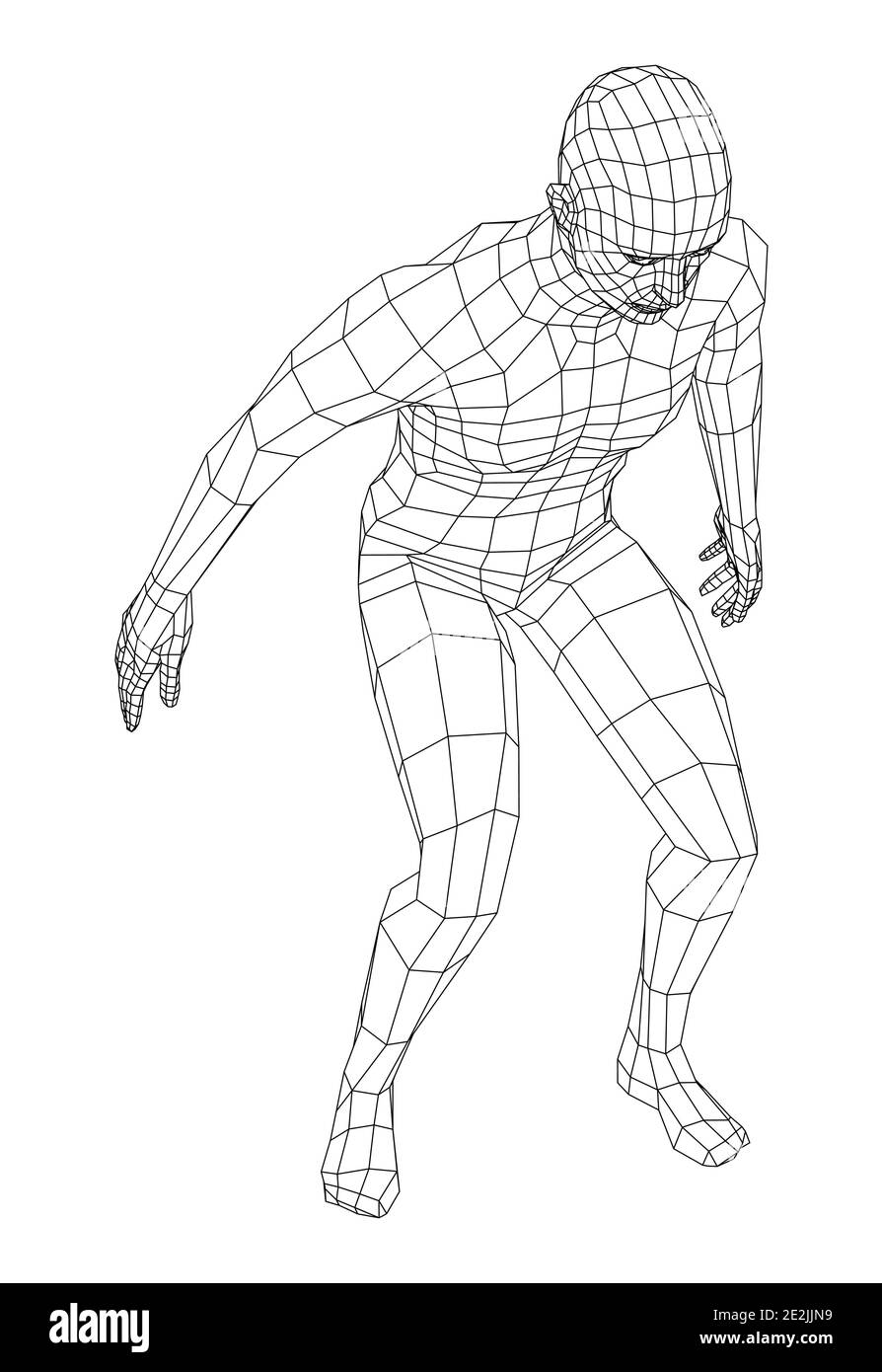 Wireframe jumping man. Vector 3d rendering. Man in jumping pose Stock ...