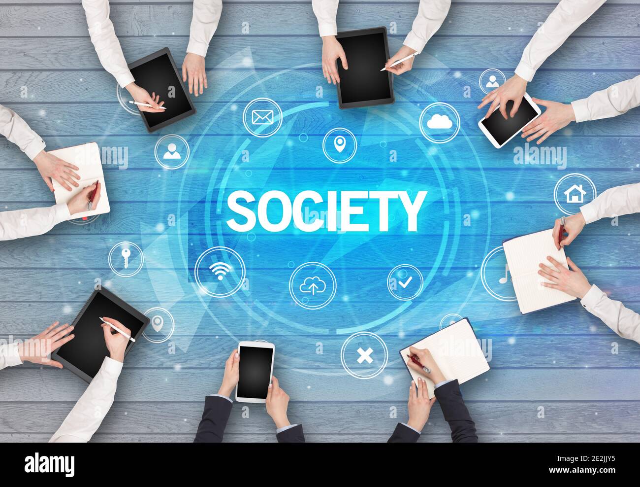 Group of people having a meeting with SOCIETY insciption, social ...