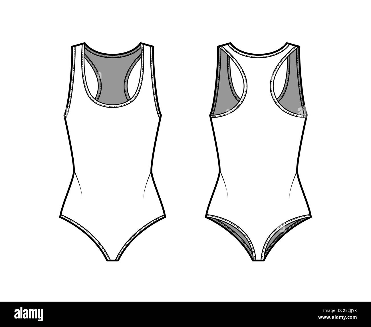Cotton-jersey thong bodysuit technical fashion illustration with racer ...