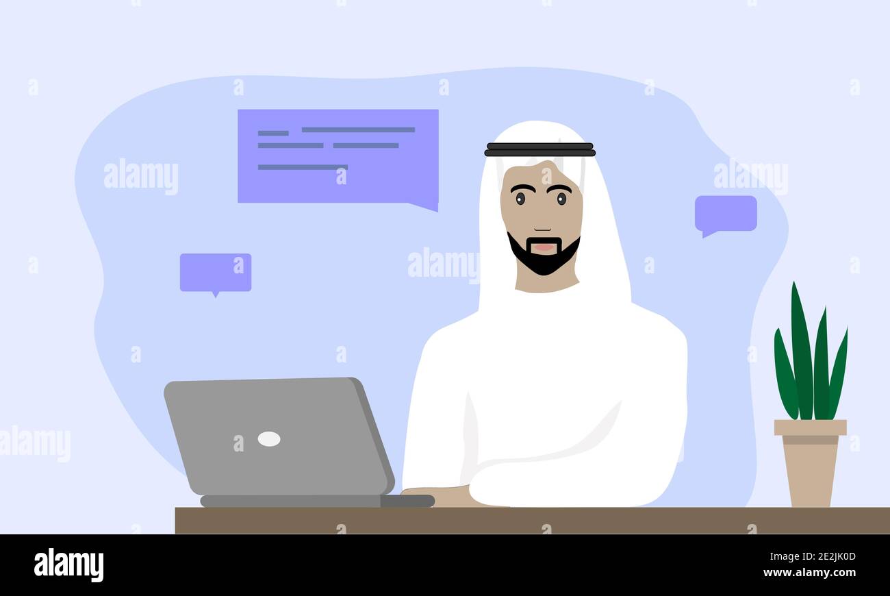 Arabian Man Work From Home, Color vector illustration in flat cartoon ...