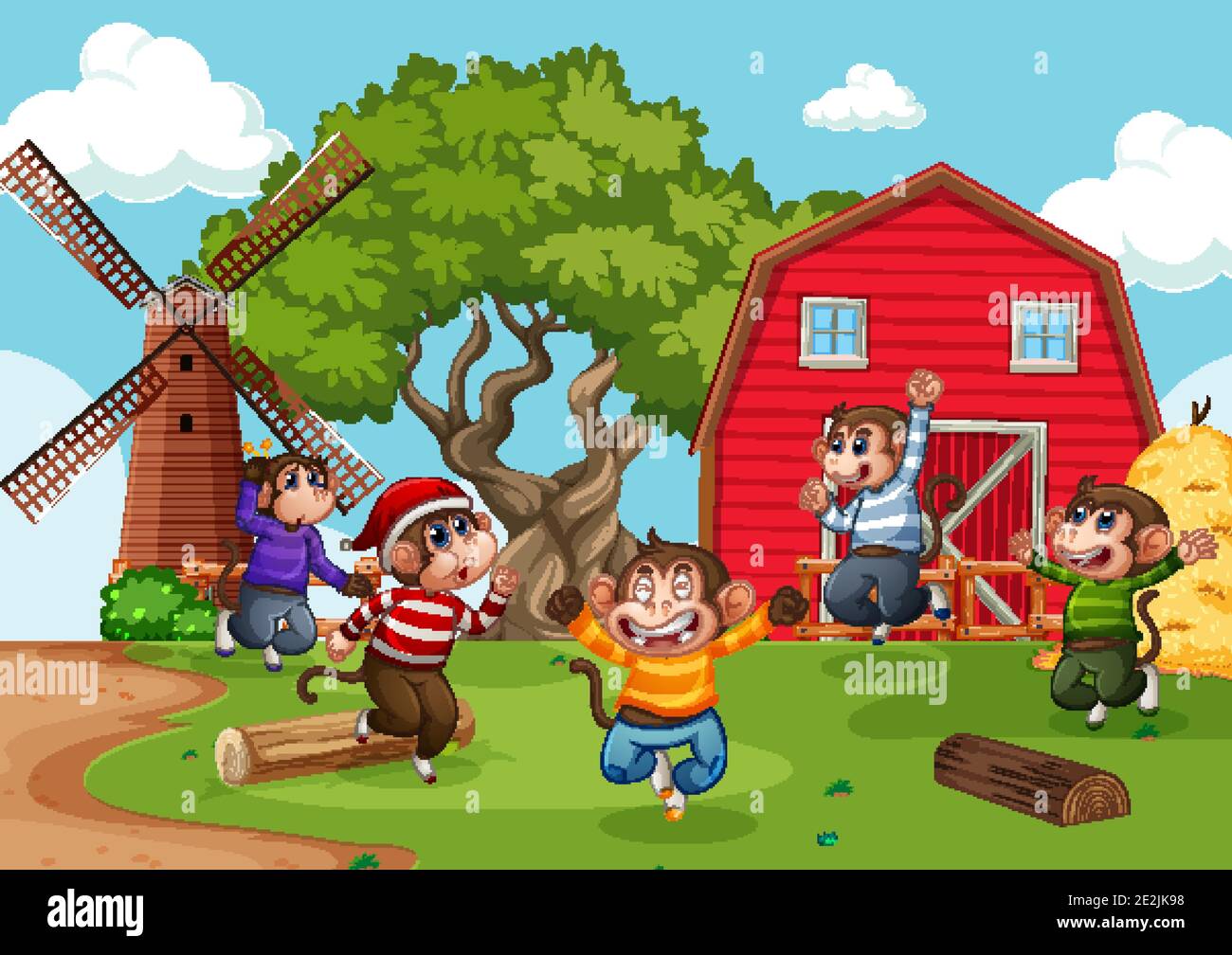 Five little monkey jumping in the farm scene illustration Stock Vector ...