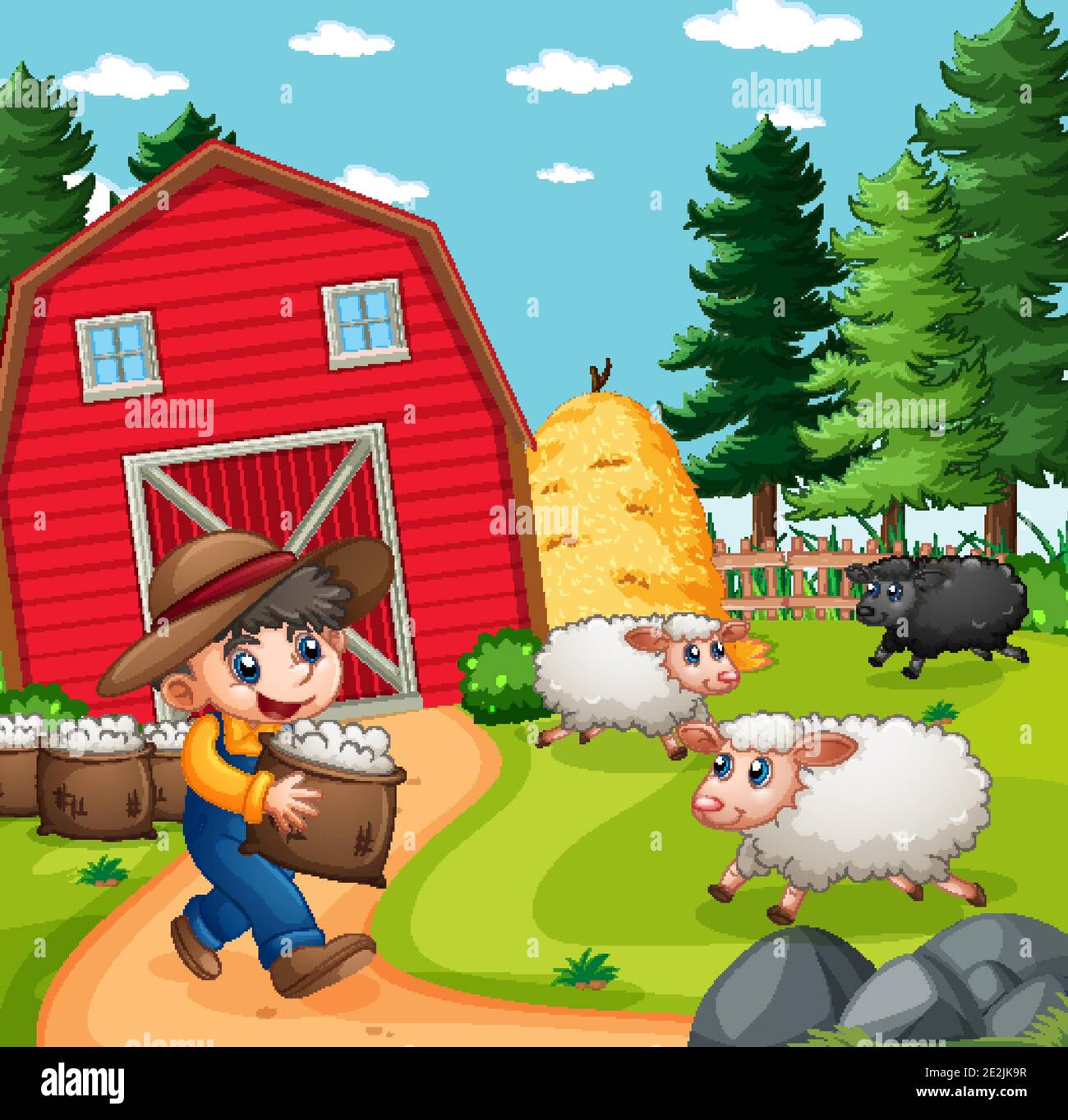 Farmer boy with animal farm sheep in farm scene illustration Stock ...