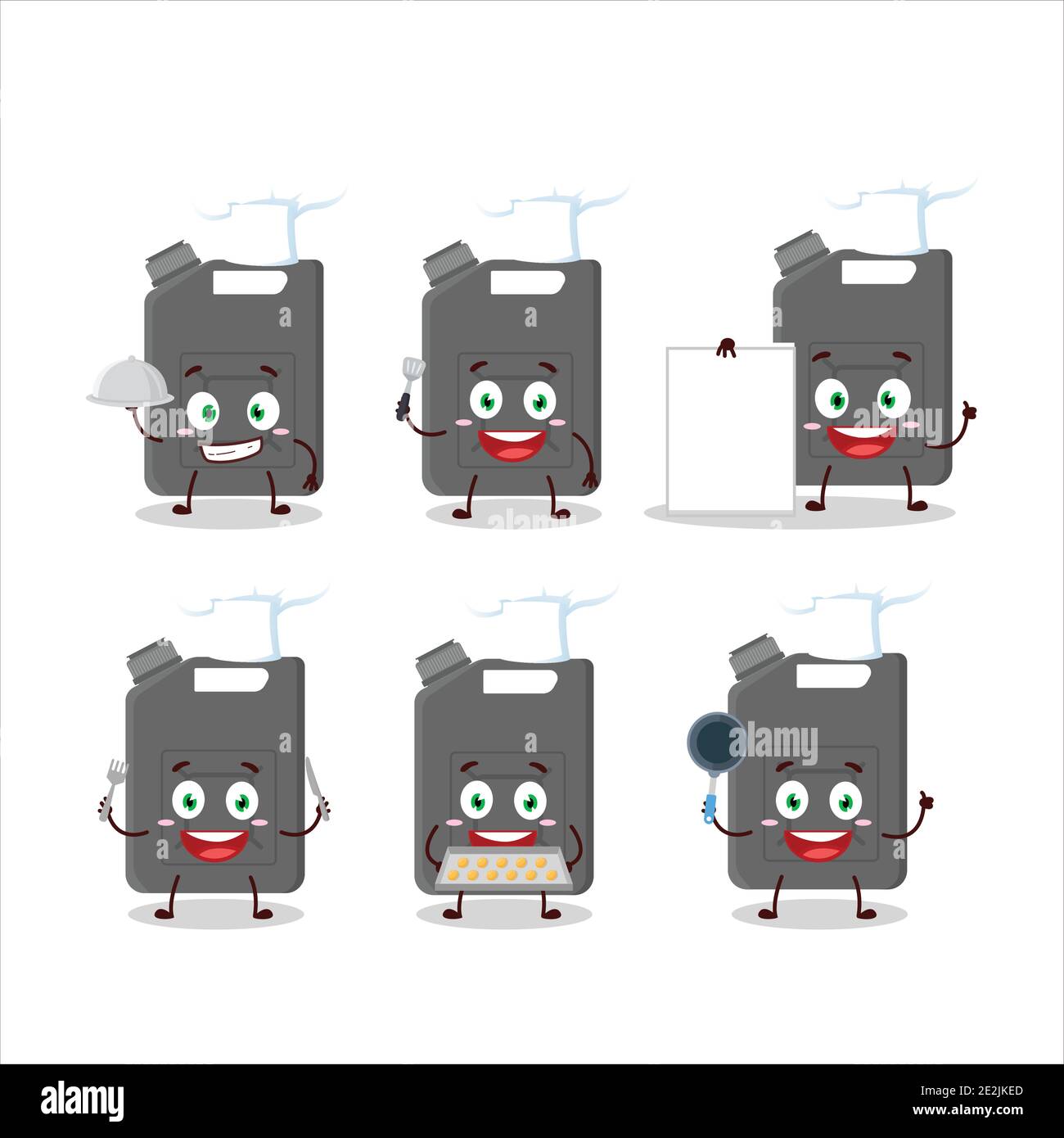 Cartoon character of black gasoline tank with various chef emoticons ...