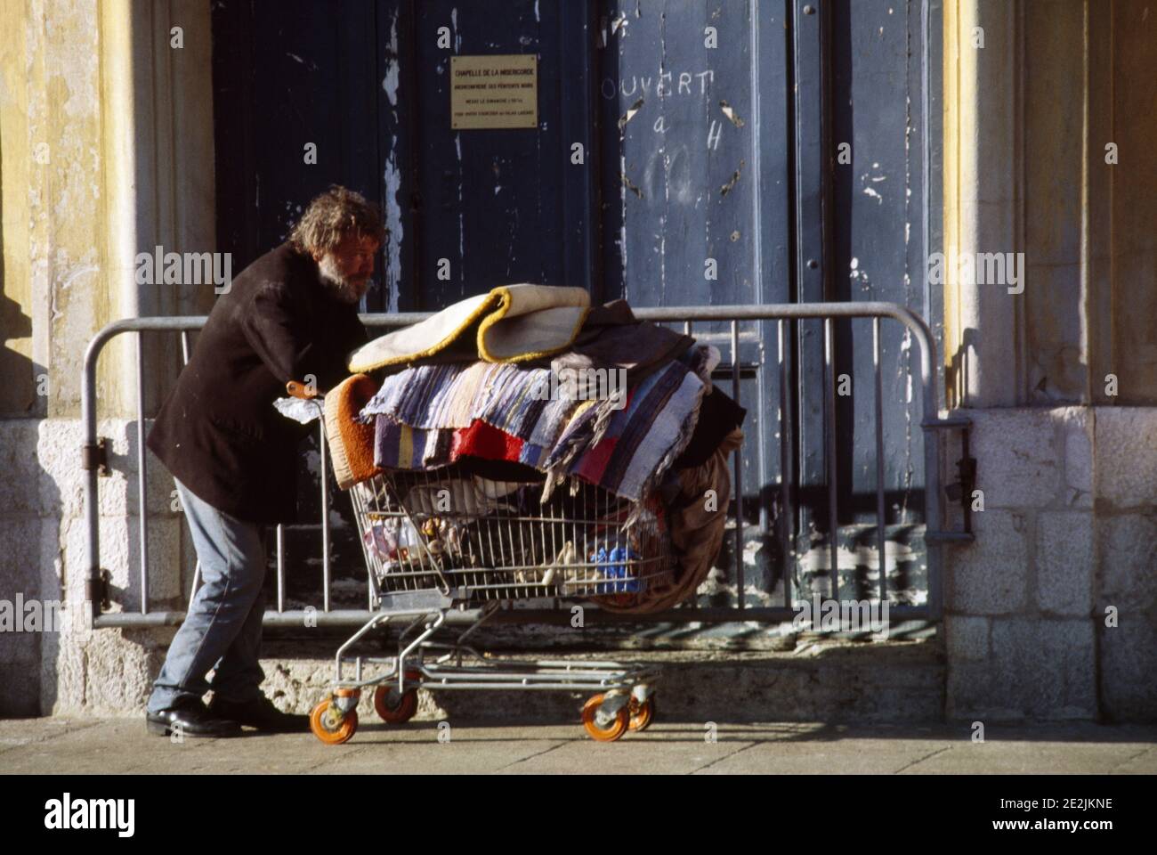 Nice France Homeless Man Pushing A Trolley with His Belongings Stock ...