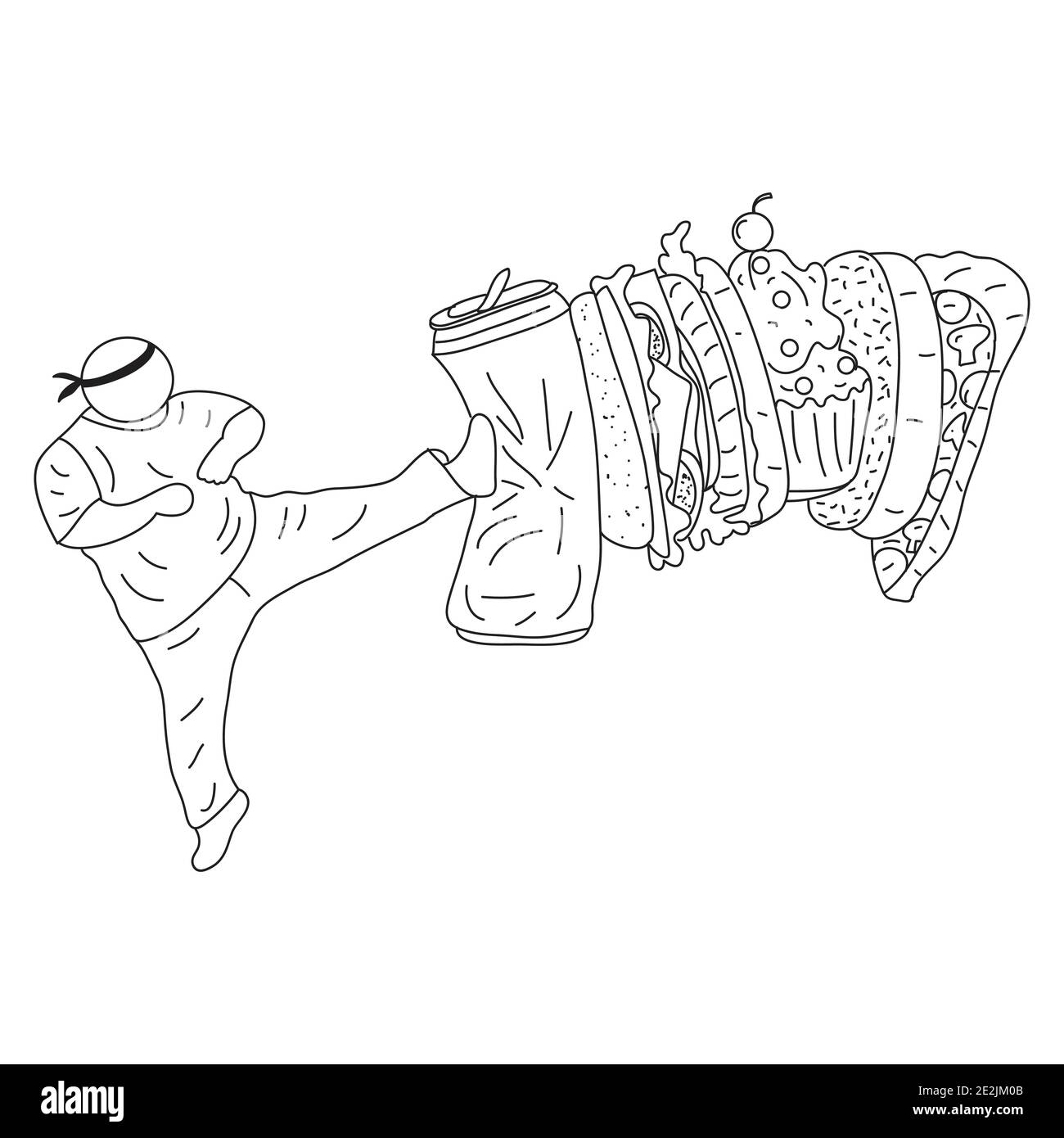 Hand drawn of fat man wearing sportswear while kicking soft drink and ...