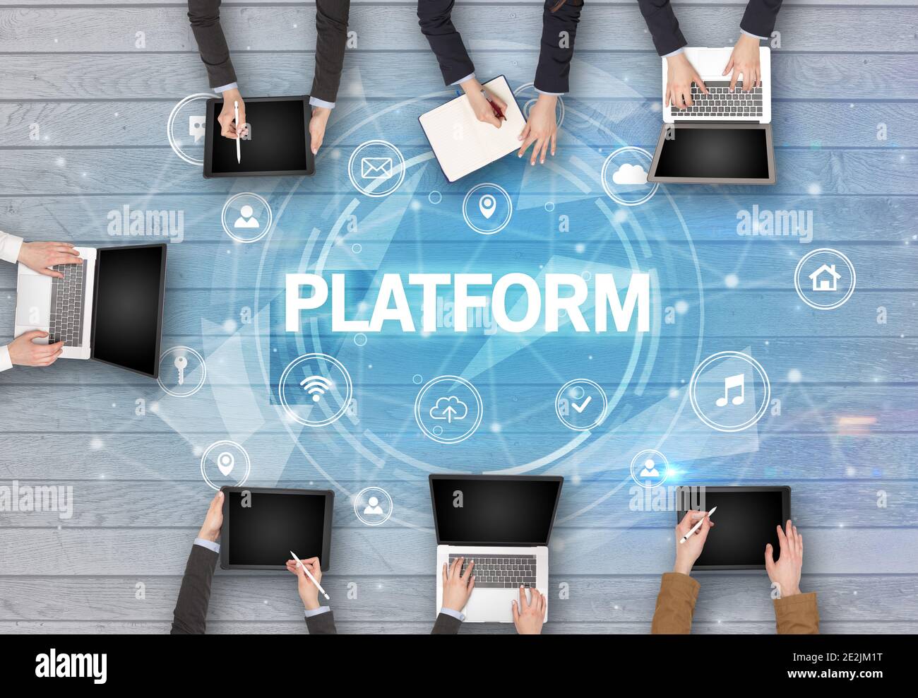 Group of people having a meeting with PLATFORM insciption, social ...