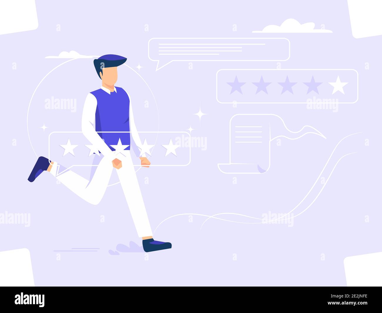 Vector illustration of a feedback concept. Male worker runs to provide ...