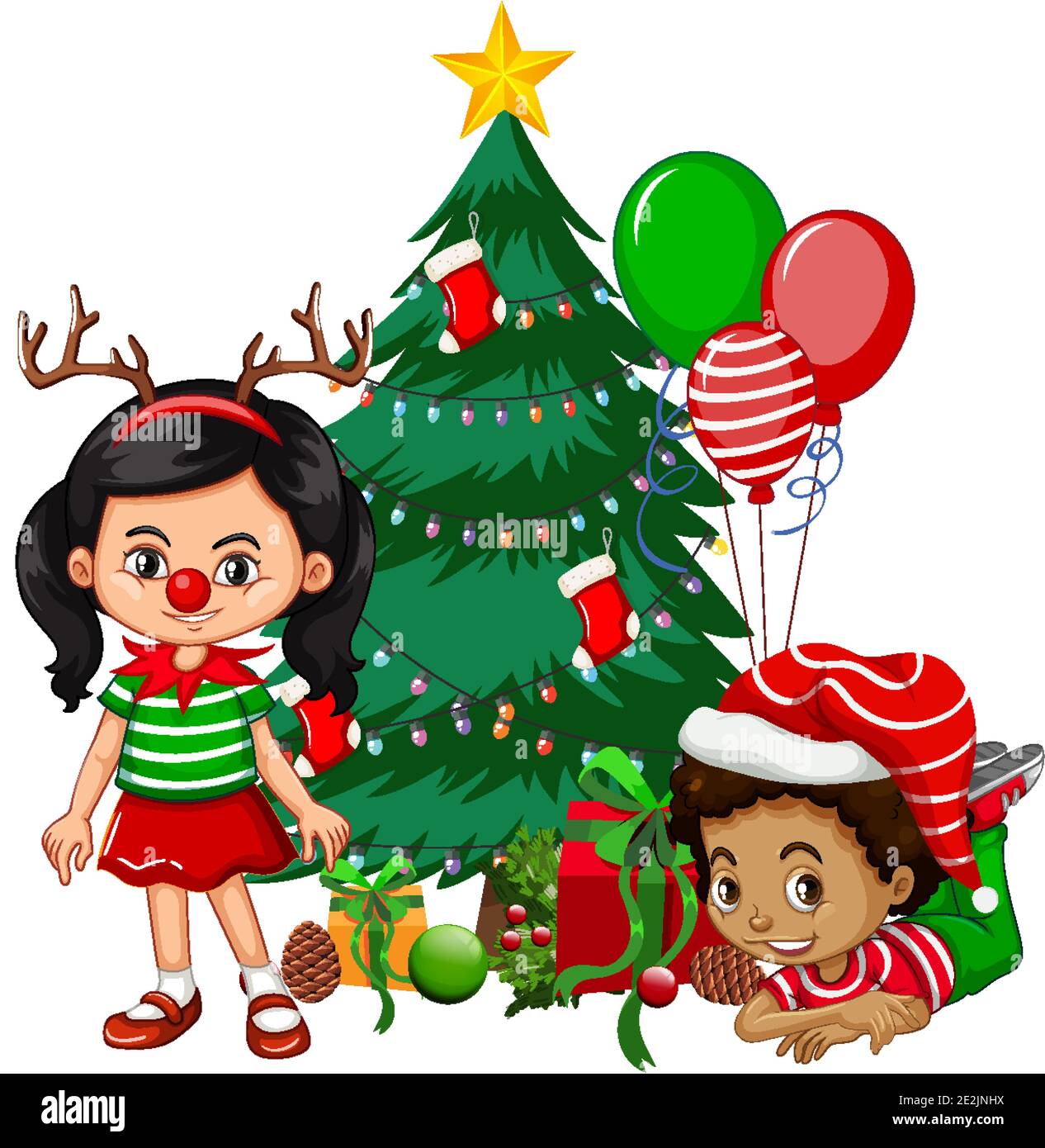 Children wear Christmas costume cartoon character with Christmas tree ...