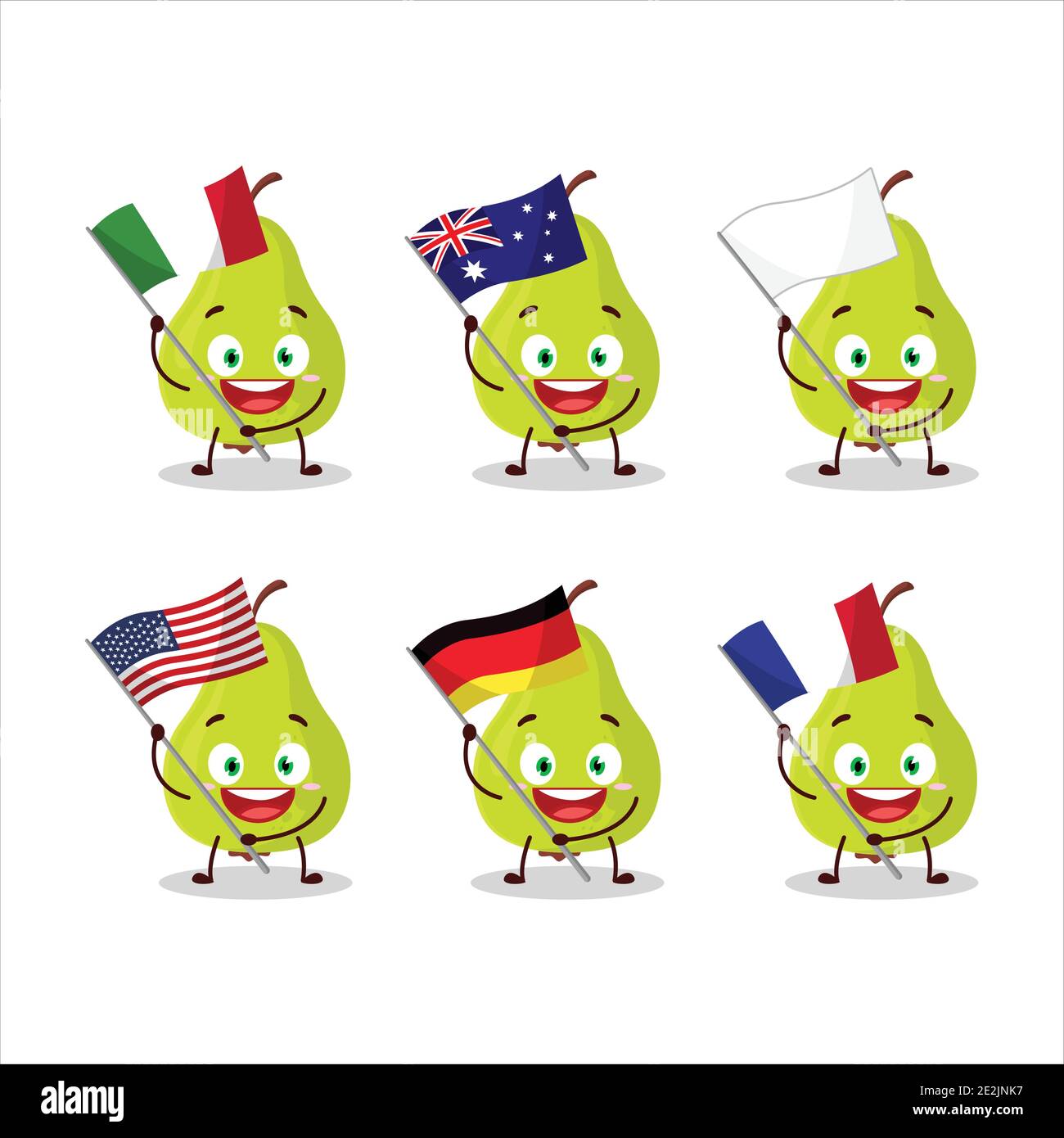 Green pear cartoon character bring the flags of various countries ...