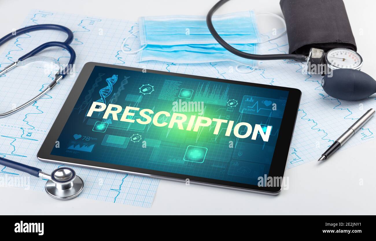 Tablet pc and medical stuff with PRESCRIPTION inscription, prevention ...