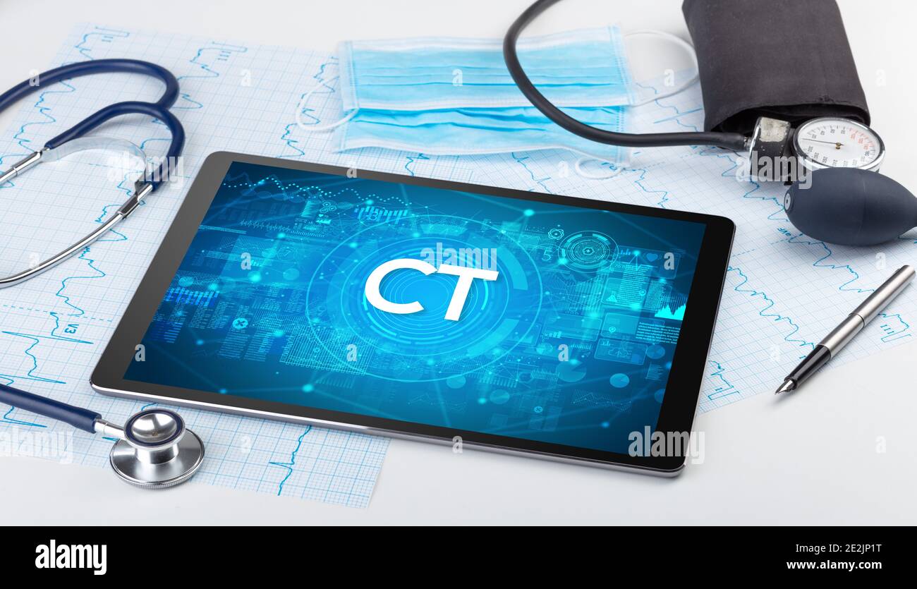 Close-up view of a tablet pc with CT abbreviation, medical concept ...