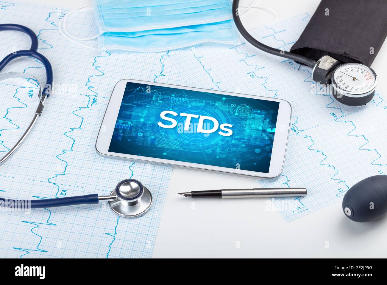Close-up view of a tablet pc with STDs abbreviation, medical concept ...