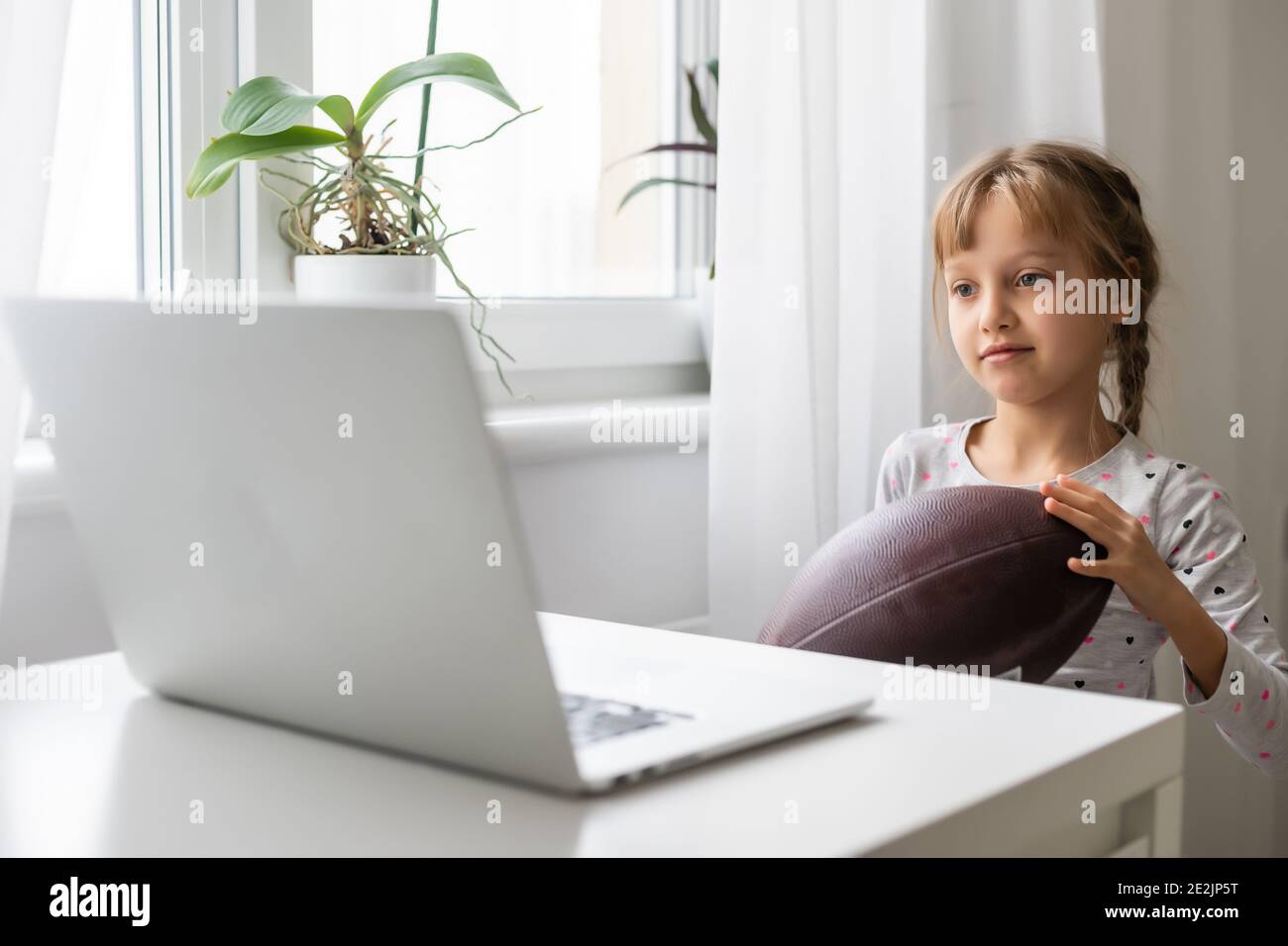 Internet addiction and computers concept with kid and laptop, little ...
