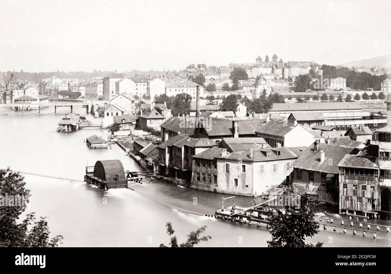19th century vintage photograph: panoramic view of the city of Geneva ...
