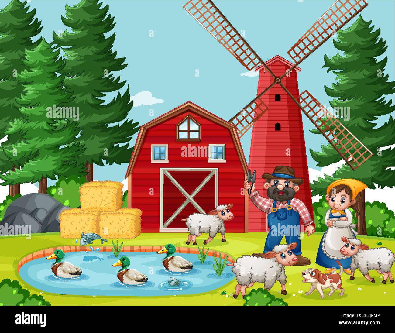 Old MacDonald in the farm with barn and windmill scene illustration ...