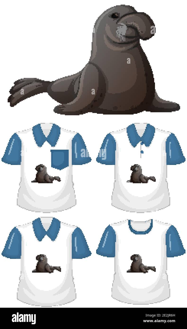 Manatee cartoon character with many types of shirts on white background ...