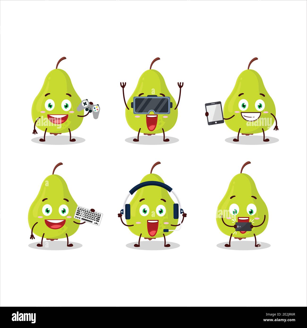 Green pear cartoon character are playing games with various cute ...