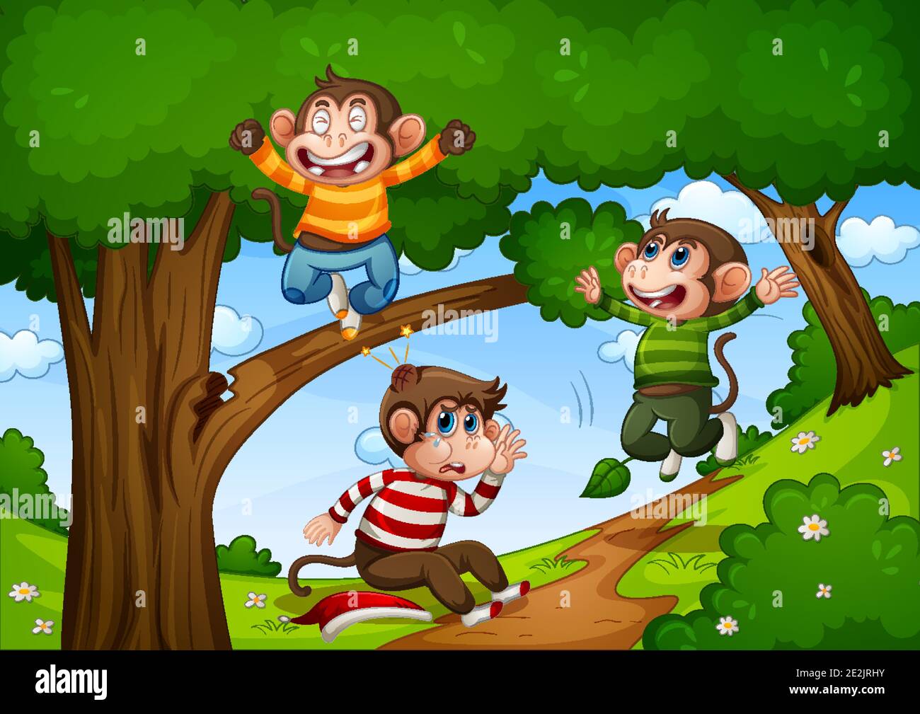 Three monkey jumping in the jungle scene illustration Stock Vector ...