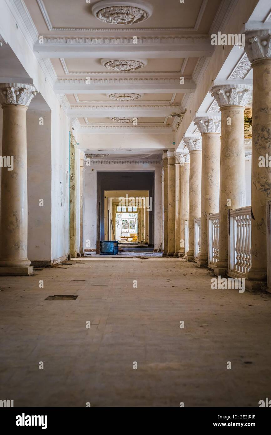 The interior of abandoned building of the Soviet sanatorium Georgia in ...