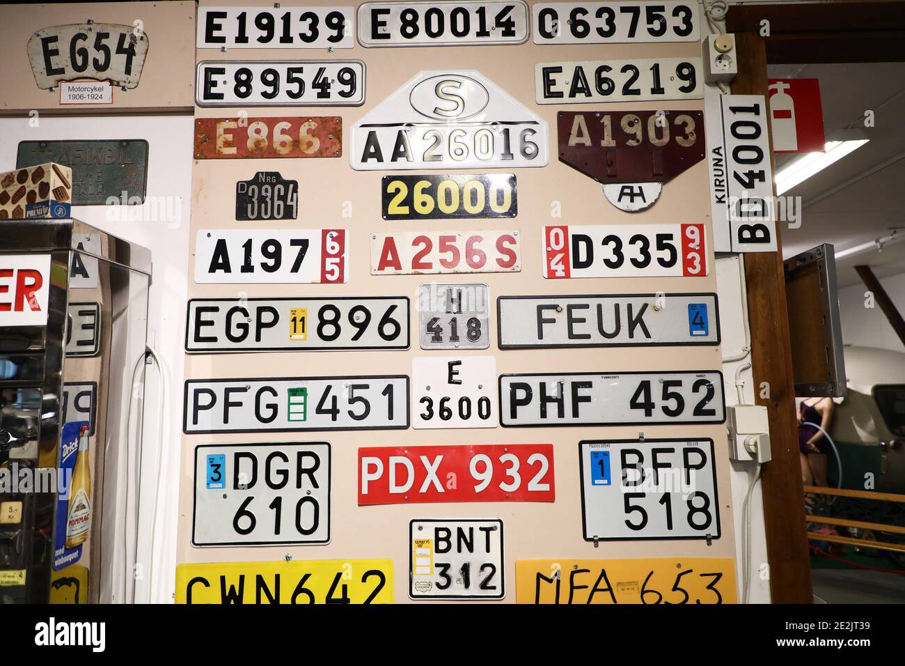 MOTALA, SWEDEN- 13 JANUARY 2020: Old license plates at Motala Motor ...