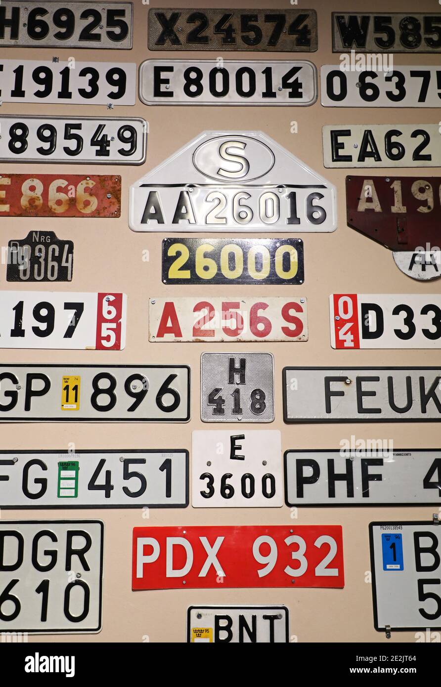 MOTALA, SWEDEN- 13 JANUARY 2020: Old license plates at Motala Motor ...