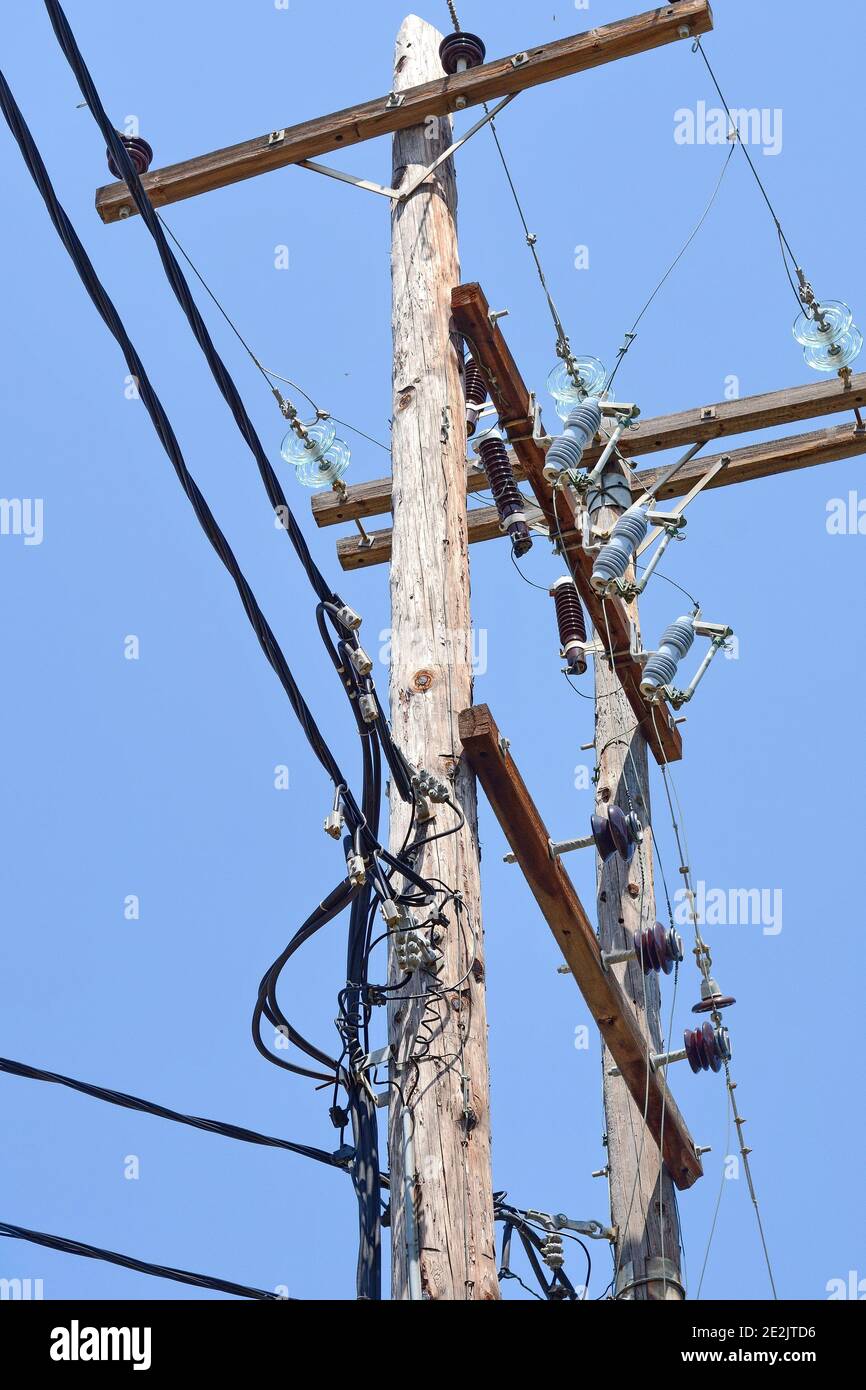 Overhead assorted cable pole Stock Photo - Alamy
