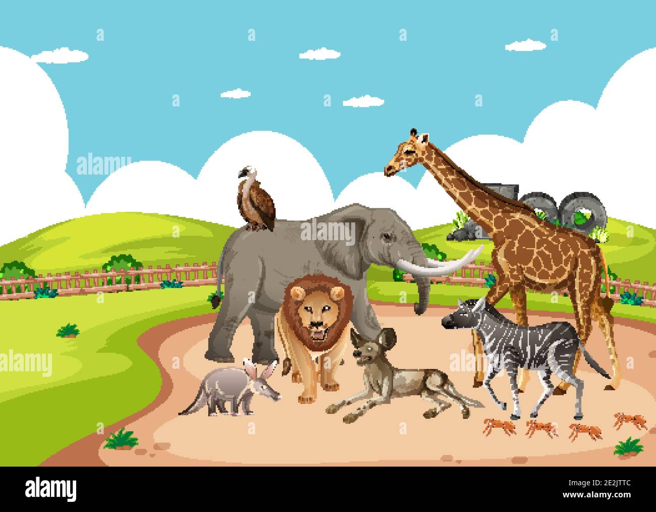 Group of wild african animal in the zoo scene illustration Stock Vector ...