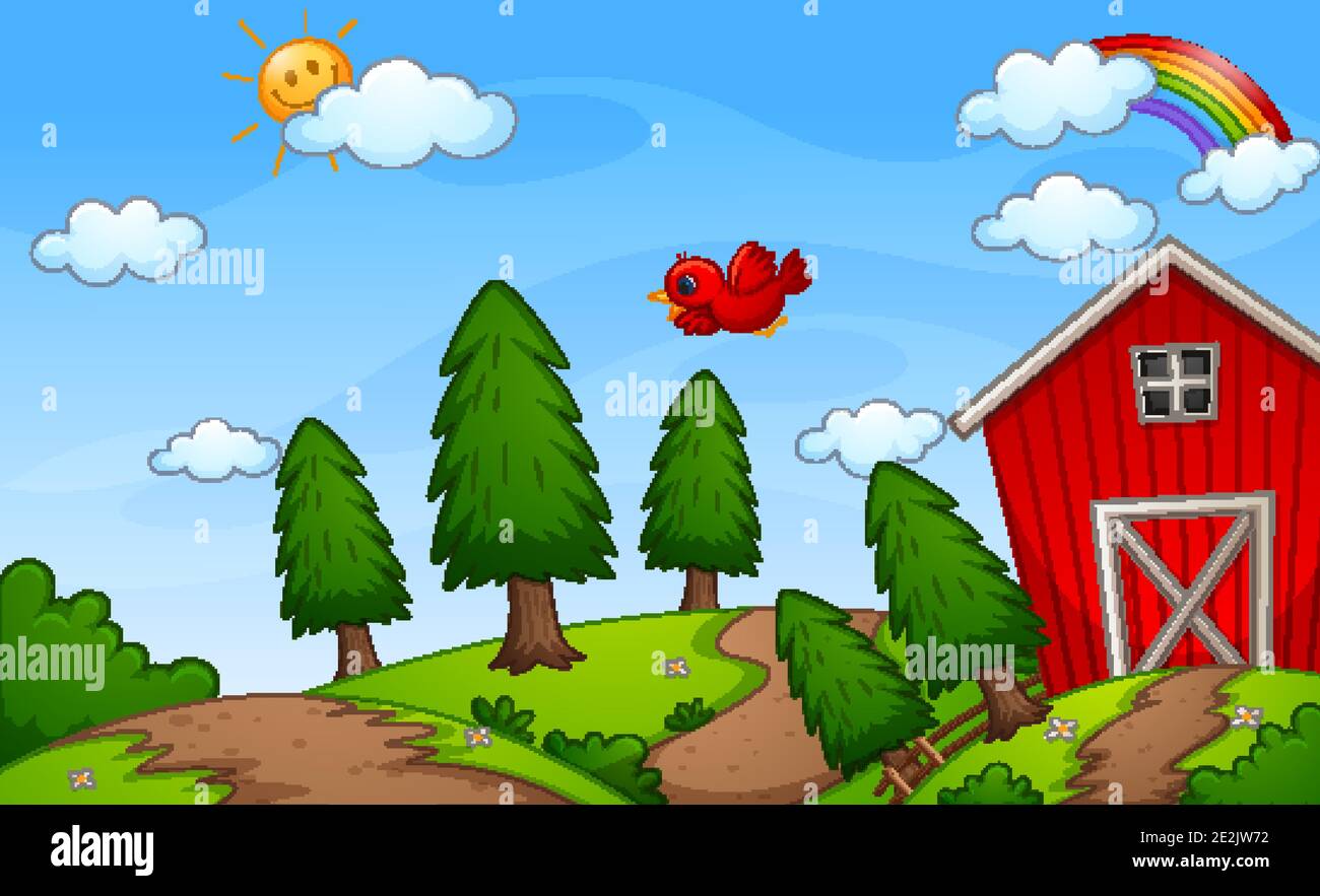 Red barn farm in nature scene with rainbow in the sky illustration ...