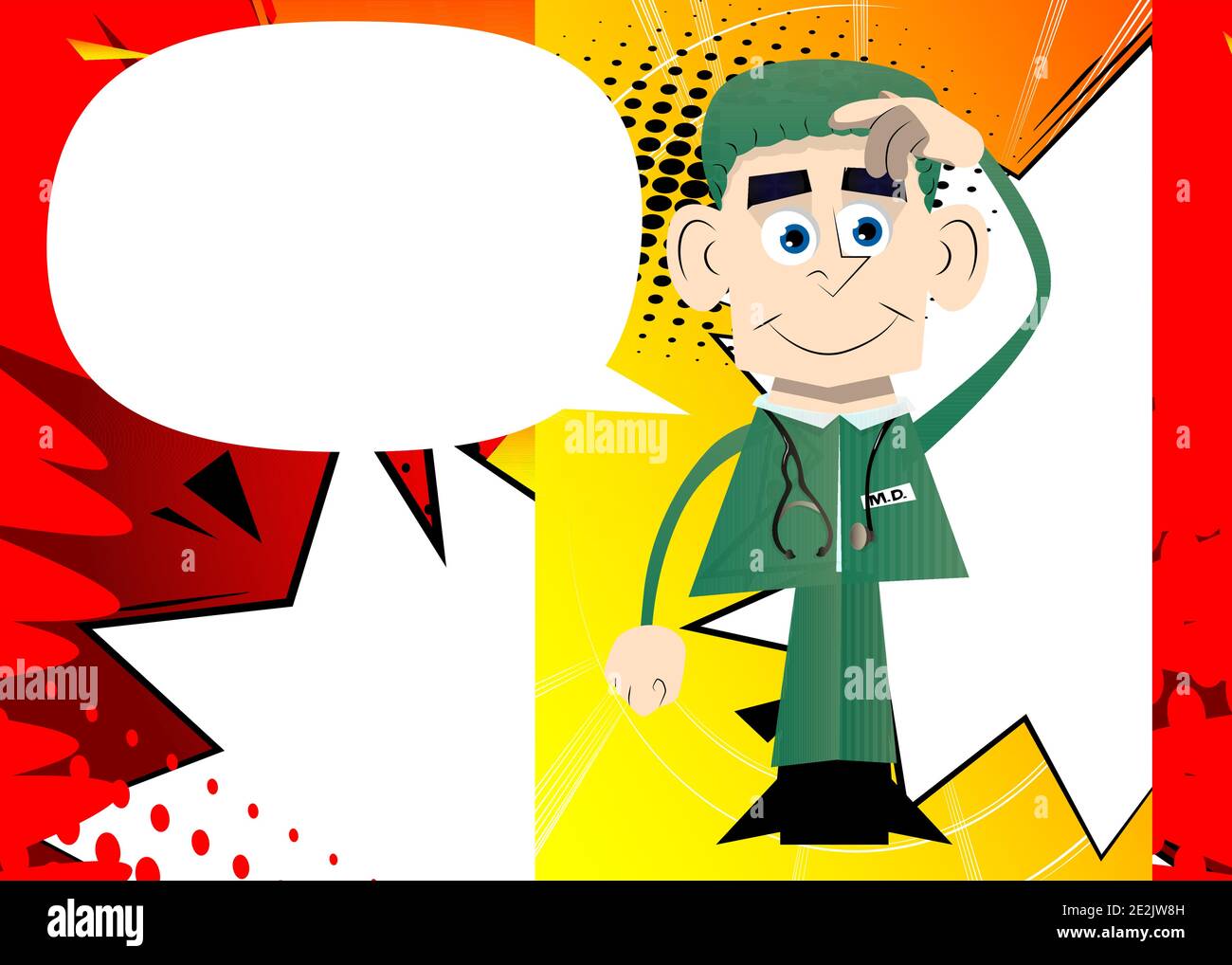 Funny cartoon doctor confused. Vector illustration. Health care worker ...