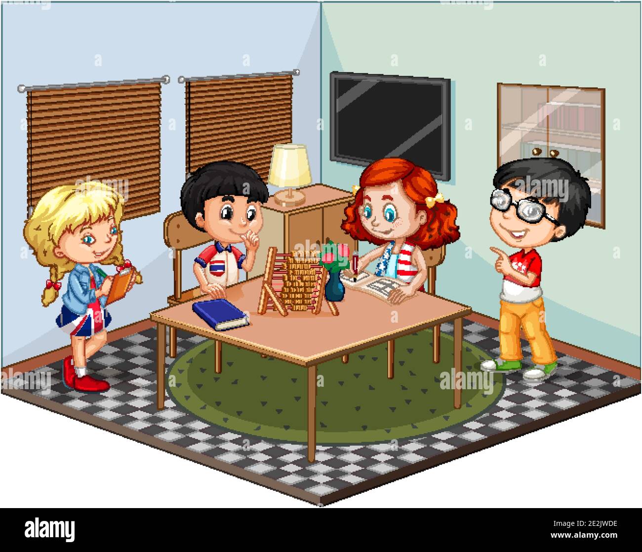 Kids in the living room scene on white background illustration Stock ...