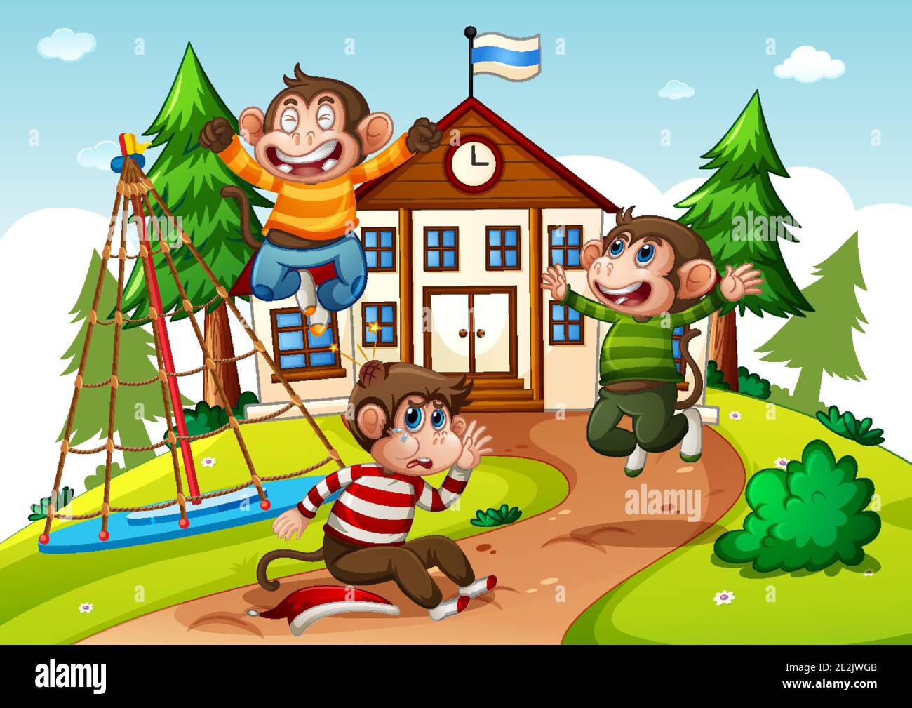 Three monkeys playing in the school scene illustration Stock Vector ...