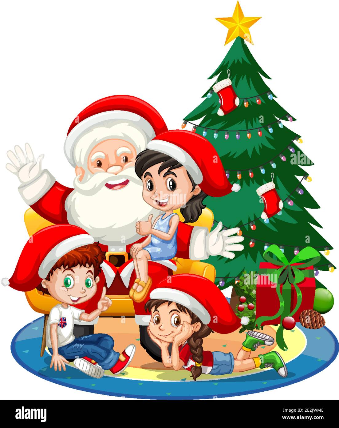 Santa Claus sitting on a lap with many kids and christmas tree on white ...