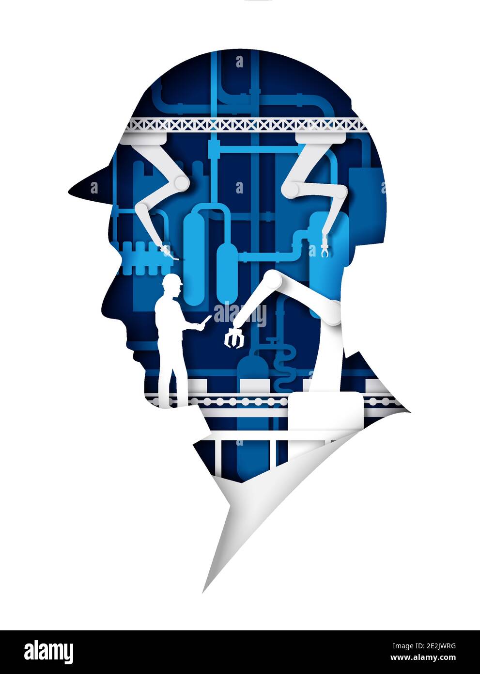 Paper cut worker head silhouette with conveyor belt, robot arms, line ...