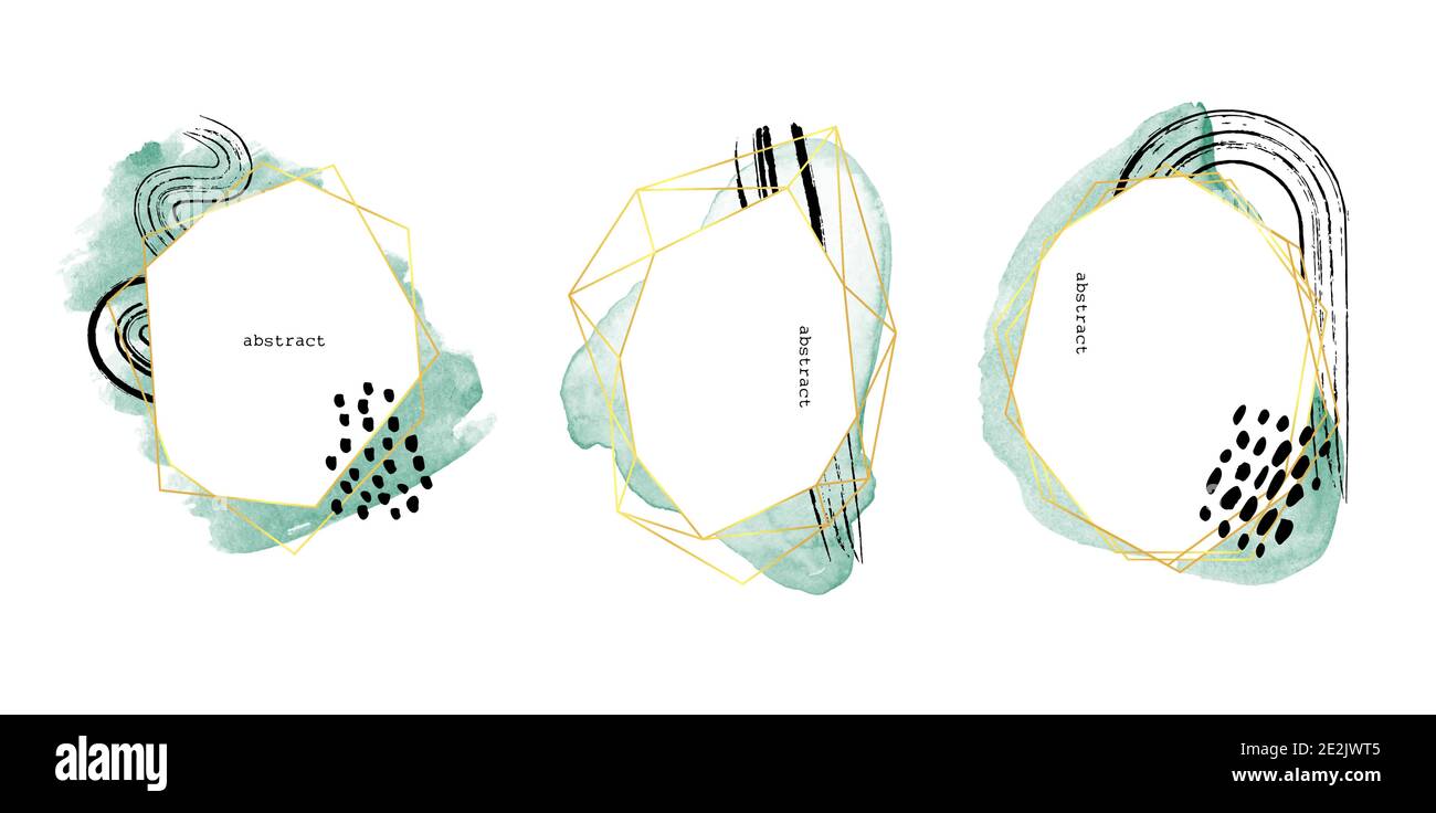 Hand drawn abstract polygonal golden frames set. Minimal geometric card with paint wash ...